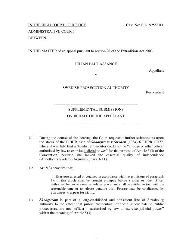Supplementary Skeleton Argument Submitted By The Appellant Julian Ass Supplementary Skeleton Argument Submitted By The Appellant Julian Ass
