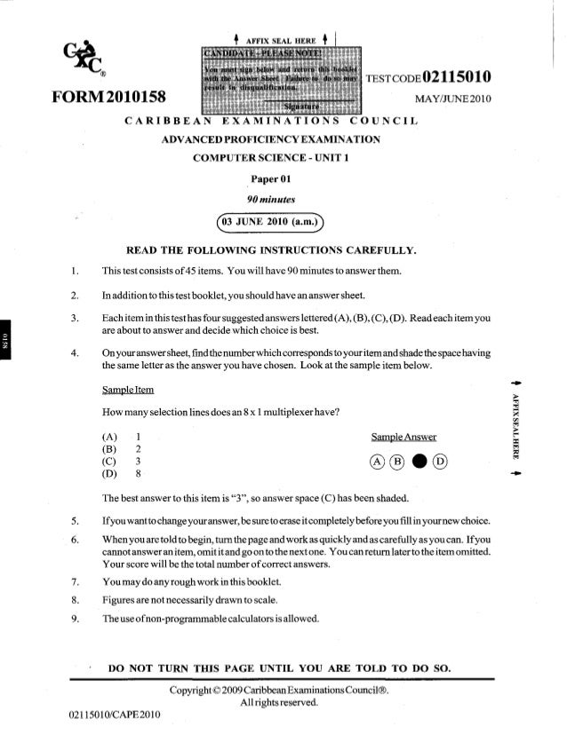 2010 Cape Computer Science Unit 1 Paper 1