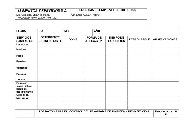 Programa de limpieza y desinfección-ALIMENTOS Y SERVICIOS