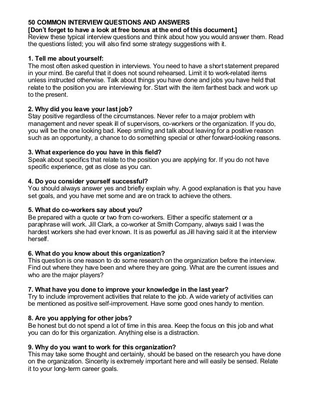 50 Common Interview Questions And Answers 50 Common Interview Questions And Answers