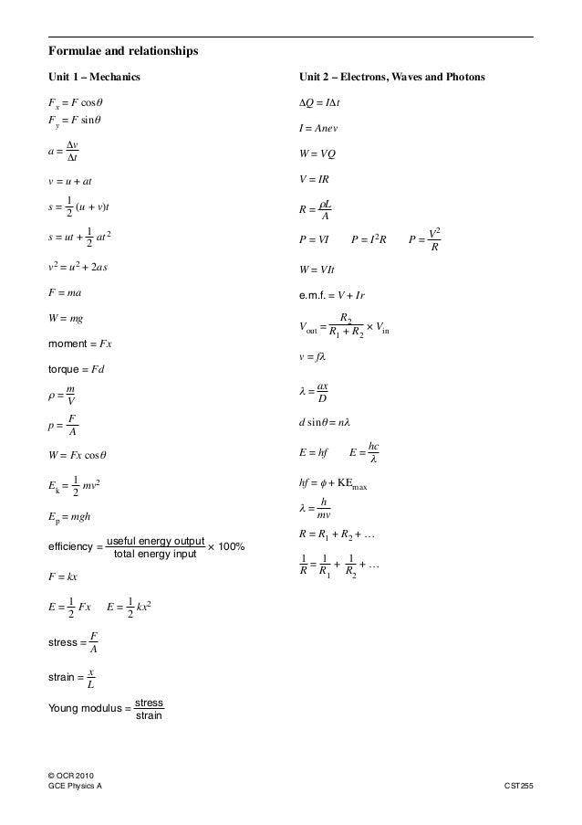 8 PHYSICS FORMULA SHEET OCR OCR PHYSICS FORMULA SHEET Formula 8 PHYSICS FORMULA SHEET OCR OCR PHYSICS FORMULA SHEET Formula