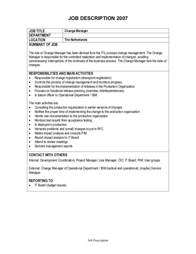 Job Description Change Manager Job Description Change Manager