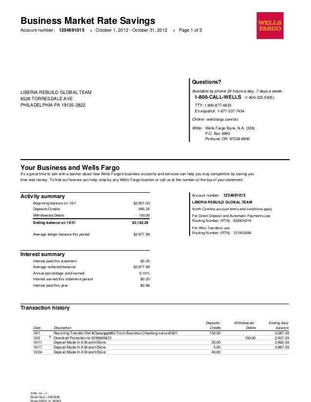Wells Fargo Bank Statement Wells Fargo Bank Statement