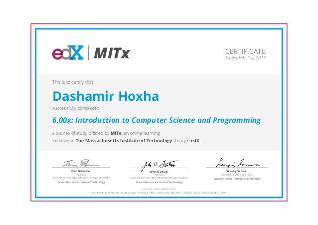 Certificate Dashamir Hoxha Edx Mitx 6 00x Introduction To Co…