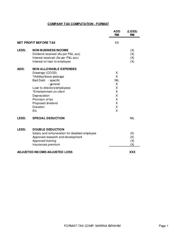 Company Tax Computation Format Company Tax Computation Format