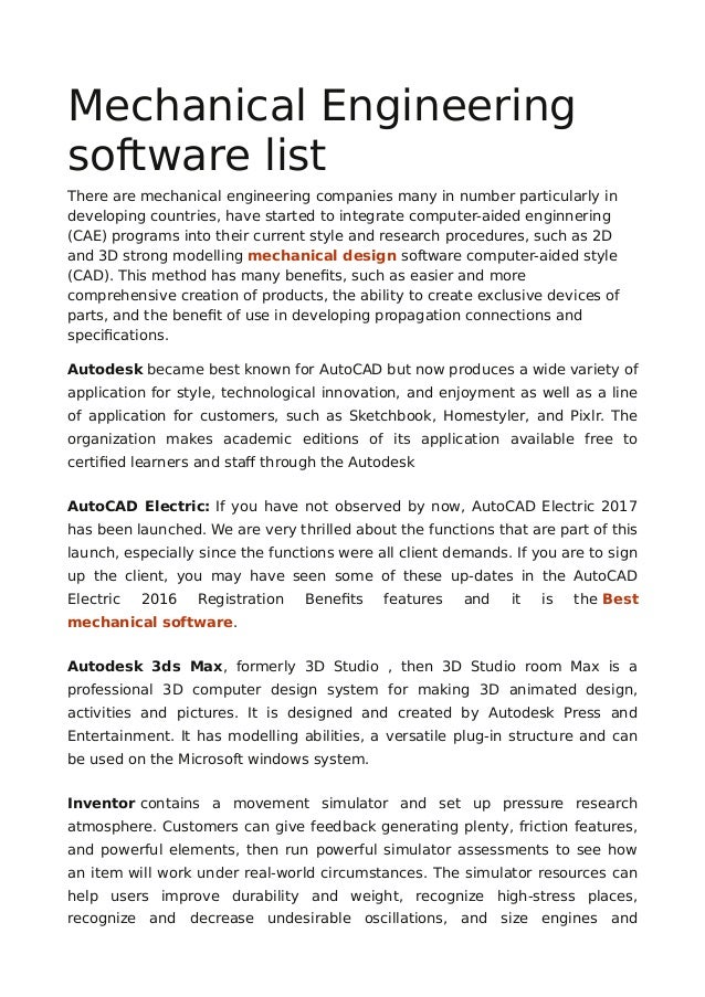 Mechanical Engineering Software List Mechanical Engineering Software List