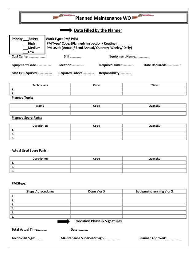 Preventive Maintenance Work Order Form Preventive Maintenance Work Order Form