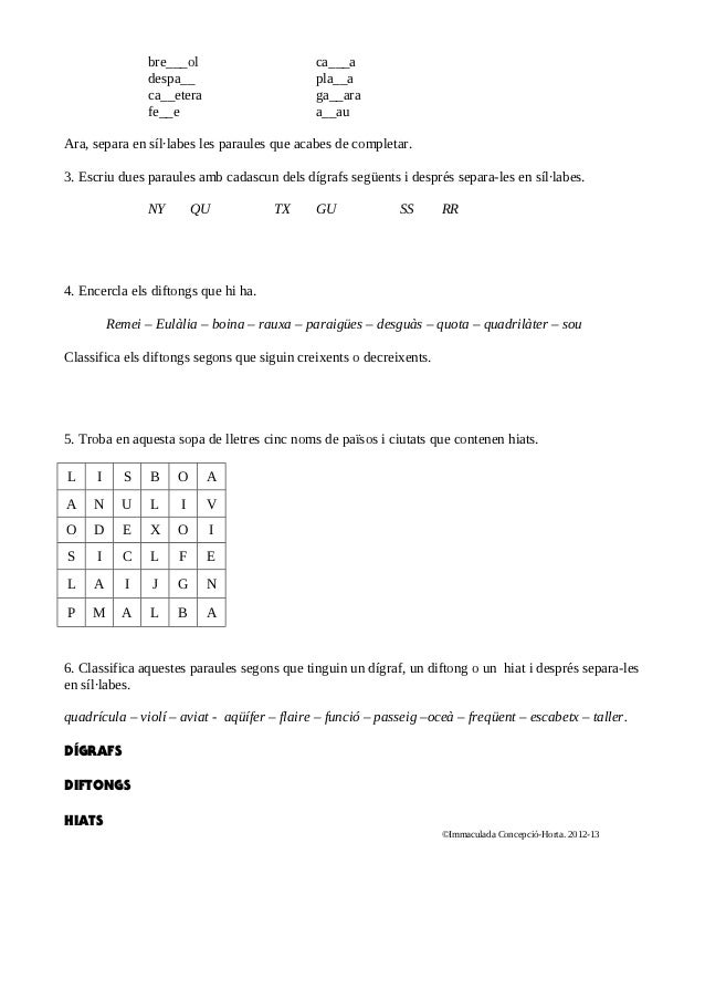 Dígrafs, diftongs i hiats Dígrafs, diftongs i hiats