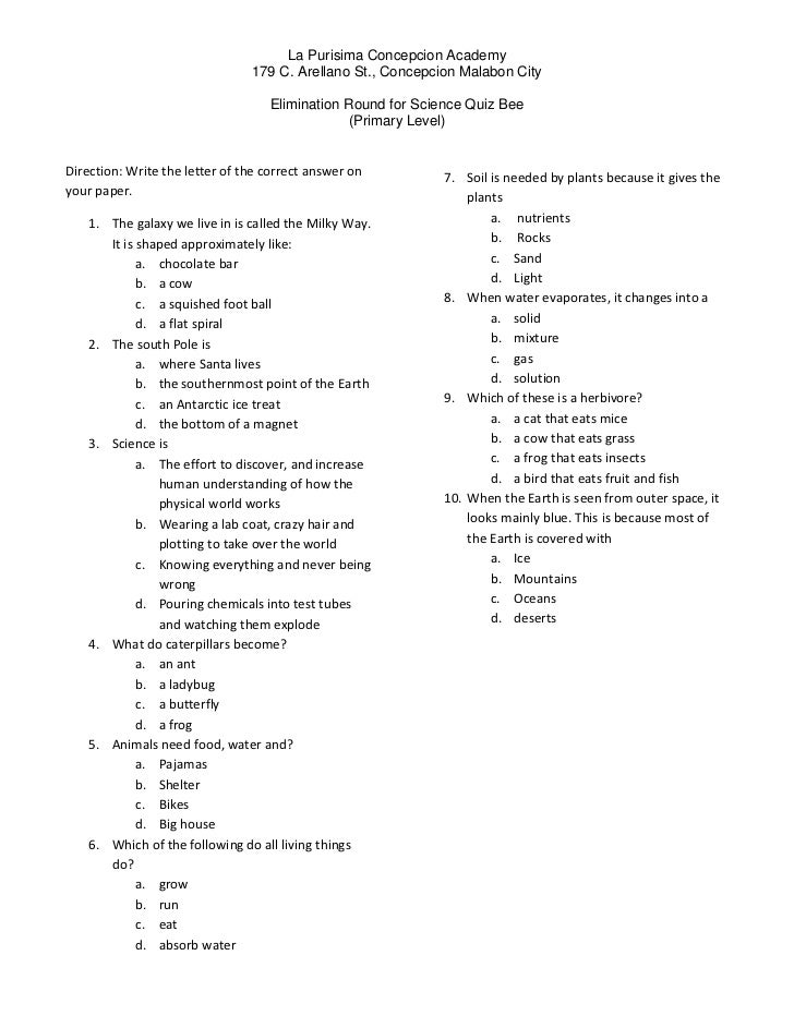 Elimination Questions primary Science Elimination Questions primary Science