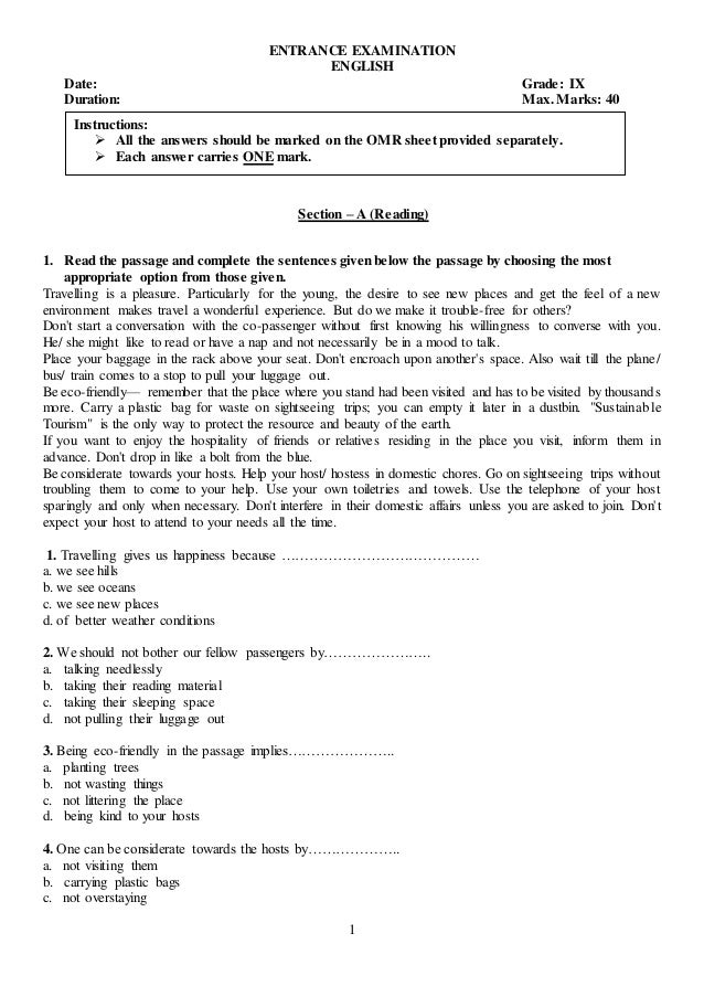 Entrance Exam Grade 9 Entrance Exam Grade 9