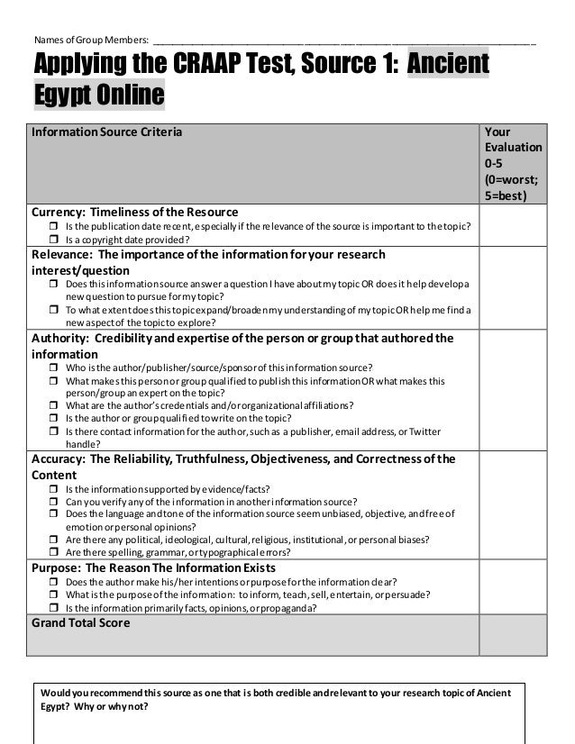 CRAAP Test Rubric for Hands-on Information Source Evaluation Activity CRAAP Test Rubric for Hands-on Information Source Evaluation Activity