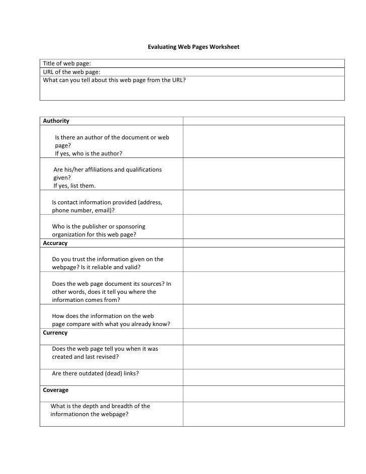 Evaluating Web Pages Worksheet Evaluating Web Pages Worksheet