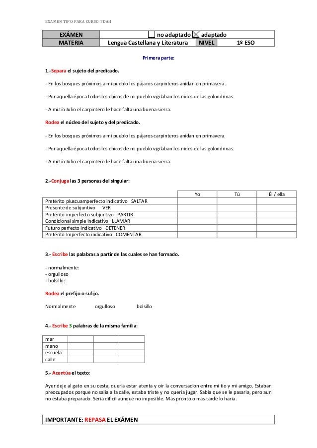Examen ejemplo de lengua castellana y literatura 1º eso