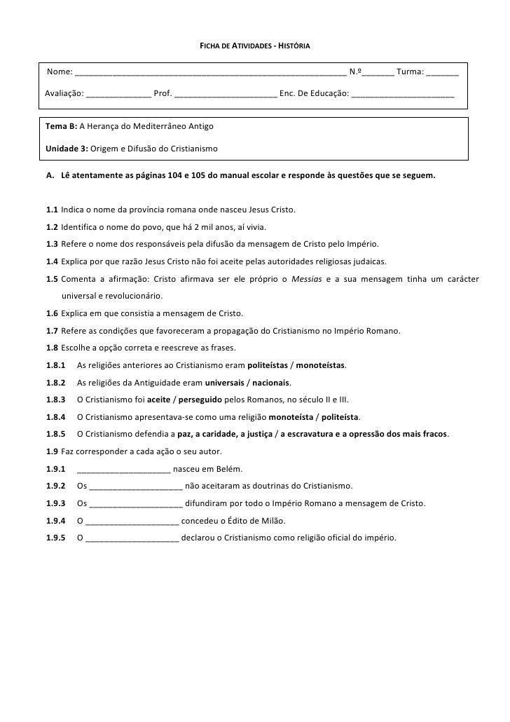 Origem E Difusão Do Cristianismo Ficha De Trabalho