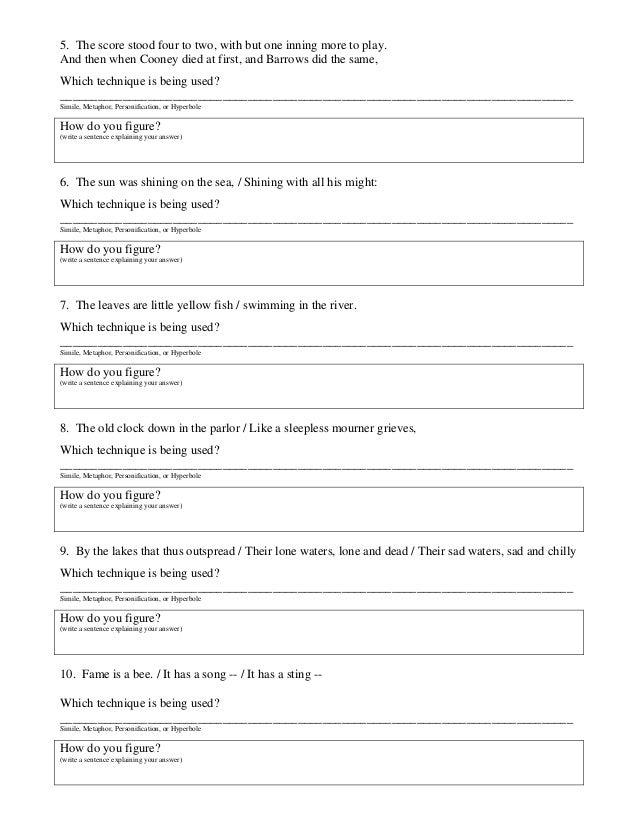 Figurative Language Worksheet 1 Figurative Language Worksheet 1