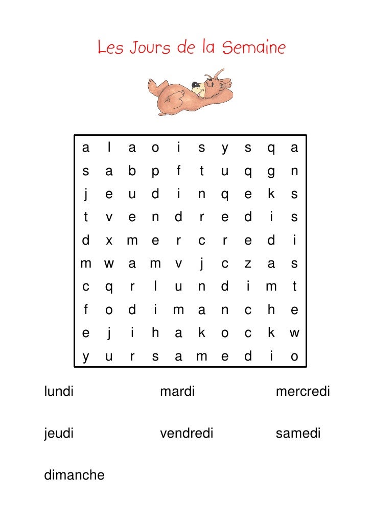 French les jours de la semaine word search