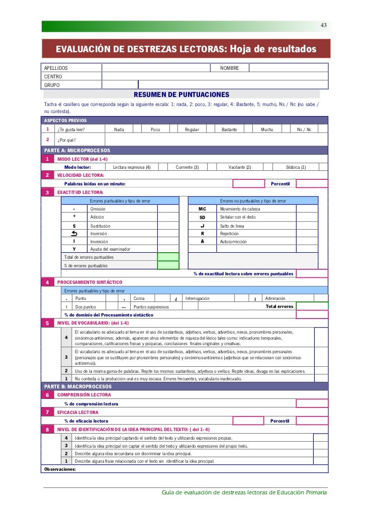 Guía de evaluación de destrezas lectoras: educación primaria y ...