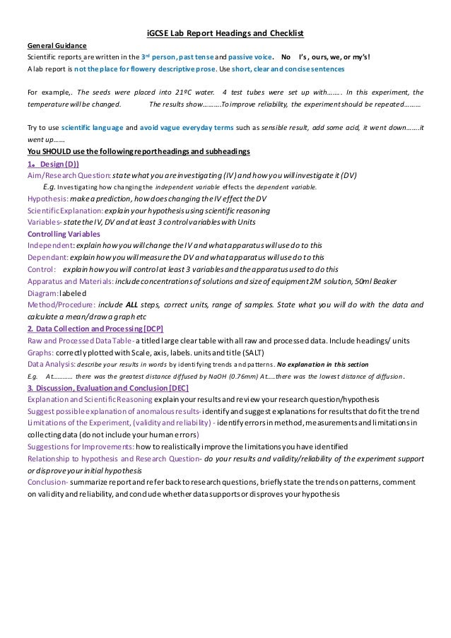 IGCSE Lab Report Headings And Checklist Guidance IGCSE Lab Report Headings And Checklist Guidance