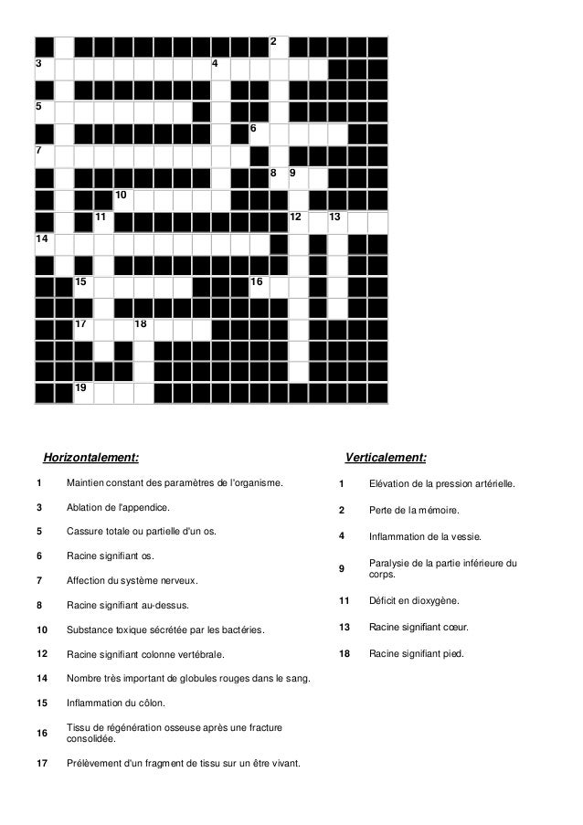 Les mots croisés de terminologie médicale de la 1 st2s 2