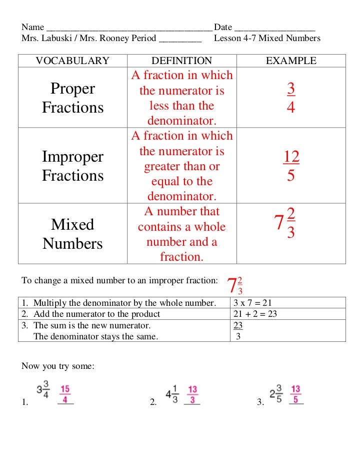 Lesson 4 7 Mixed Numbers Improper Fractions Lesson 4 7 Mixed Numbers Improper Fractions