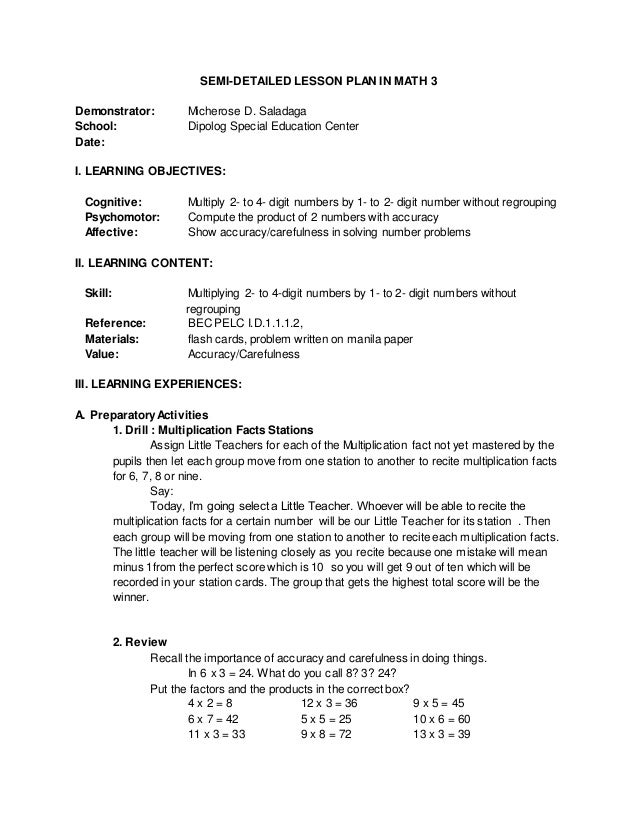 Lesson Plan Multiplication G 3 Lesson Plan Multiplication G 3