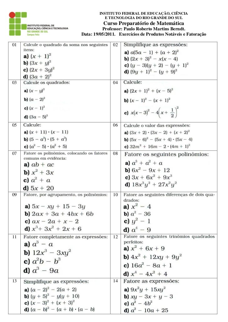 Mat Utfrs 10 Produtos Notaveis E Fatoracao Exercicios