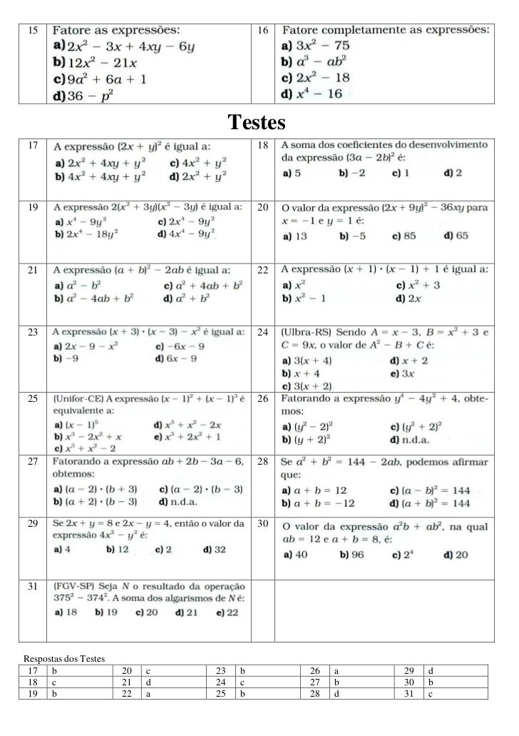 Mat Utfrs 10 Produtos Notaveis E Fatoracao Exercicios