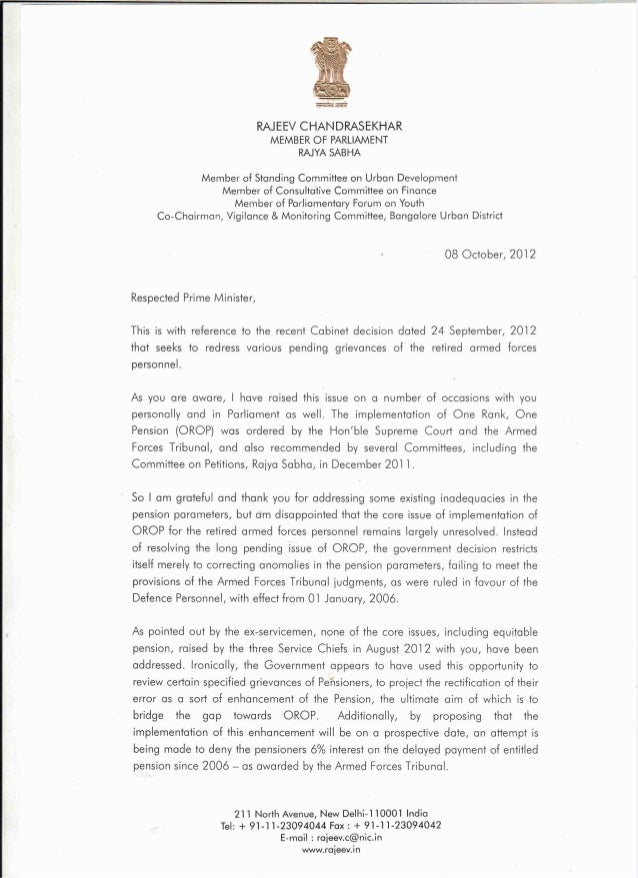Indian Armed Forces Orop Letter To The Prime Minister