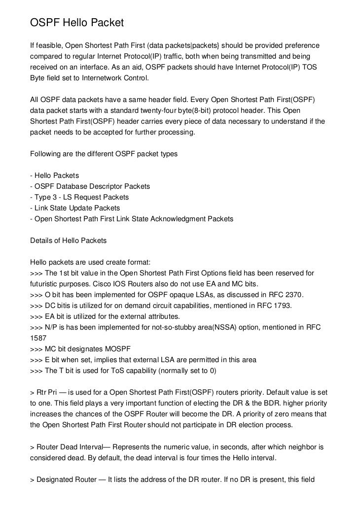 OSPF Hello Packet Details OSPF Hello Packet Details