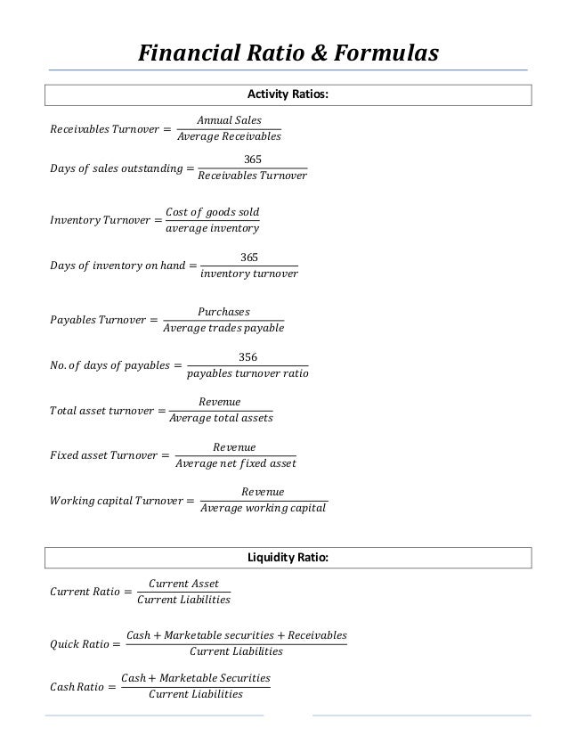 Financial Ratios And Formulas For Analysis Financial Ratios And Formulas For Analysis