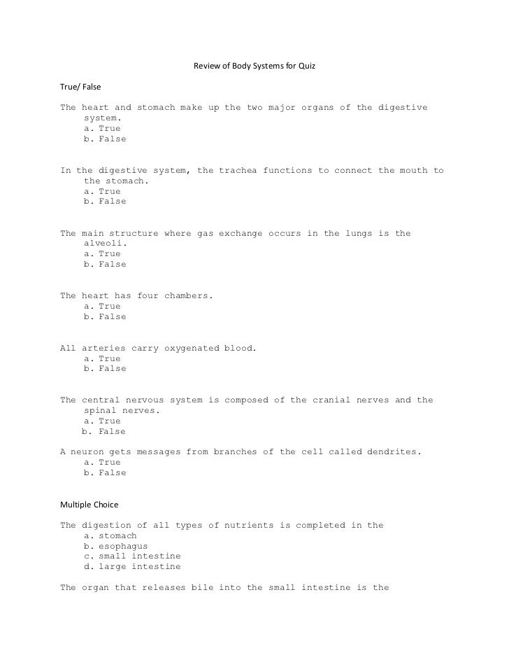 Review Of Body Systems For Quiz Review Of Body Systems For Quiz