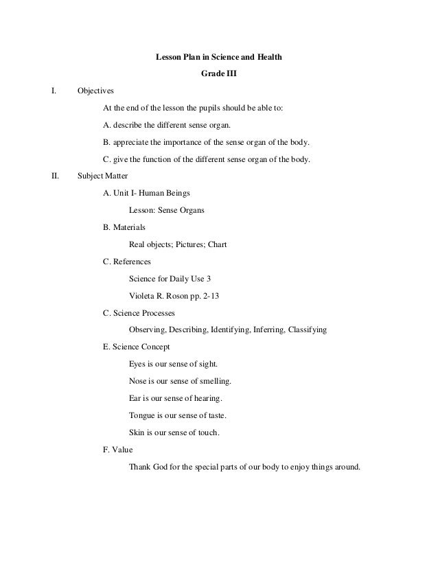 Detailed Lesson Plan In Science And Health Grade 3 Sense Organ Detailed Lesson Plan In Science And Health Grade 3 Sense Organ