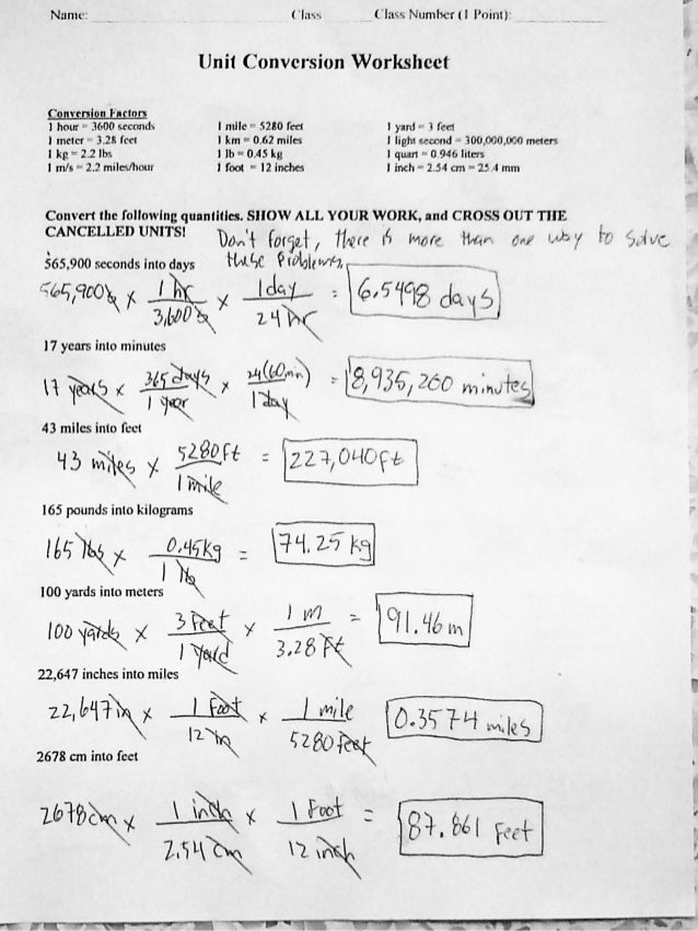 Answers To Unit Conversions Side 1 Answers To Unit Conversions Side 1