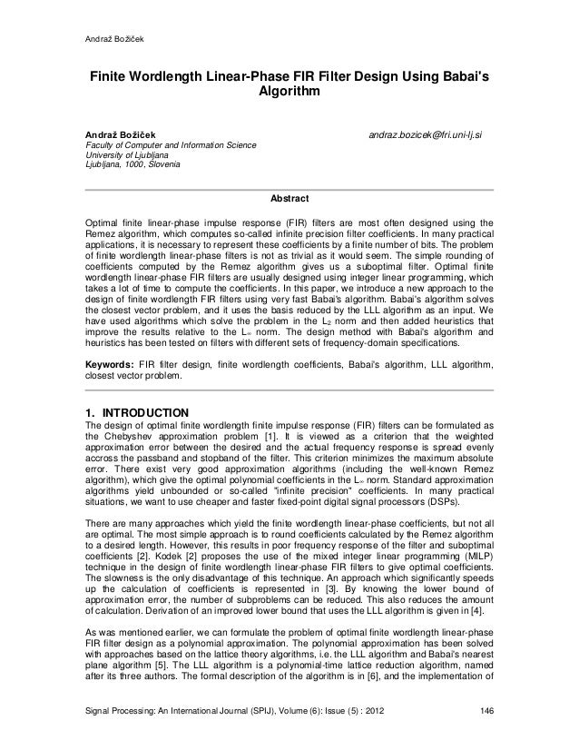 Finite Wordlength Linear-Phase FIR Filter Design Using Babai's Algori… Finite Wordlength Linear-Phase FIR Filter Design Using Babai's Algori…