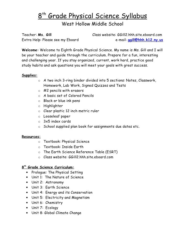 Syllabus 8th Grade Science Syllabus 8th Grade Science