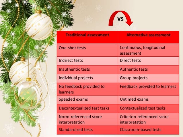 Traditional assessment v.s Alternative assessment Traditional assessment v.s Alternative assessment