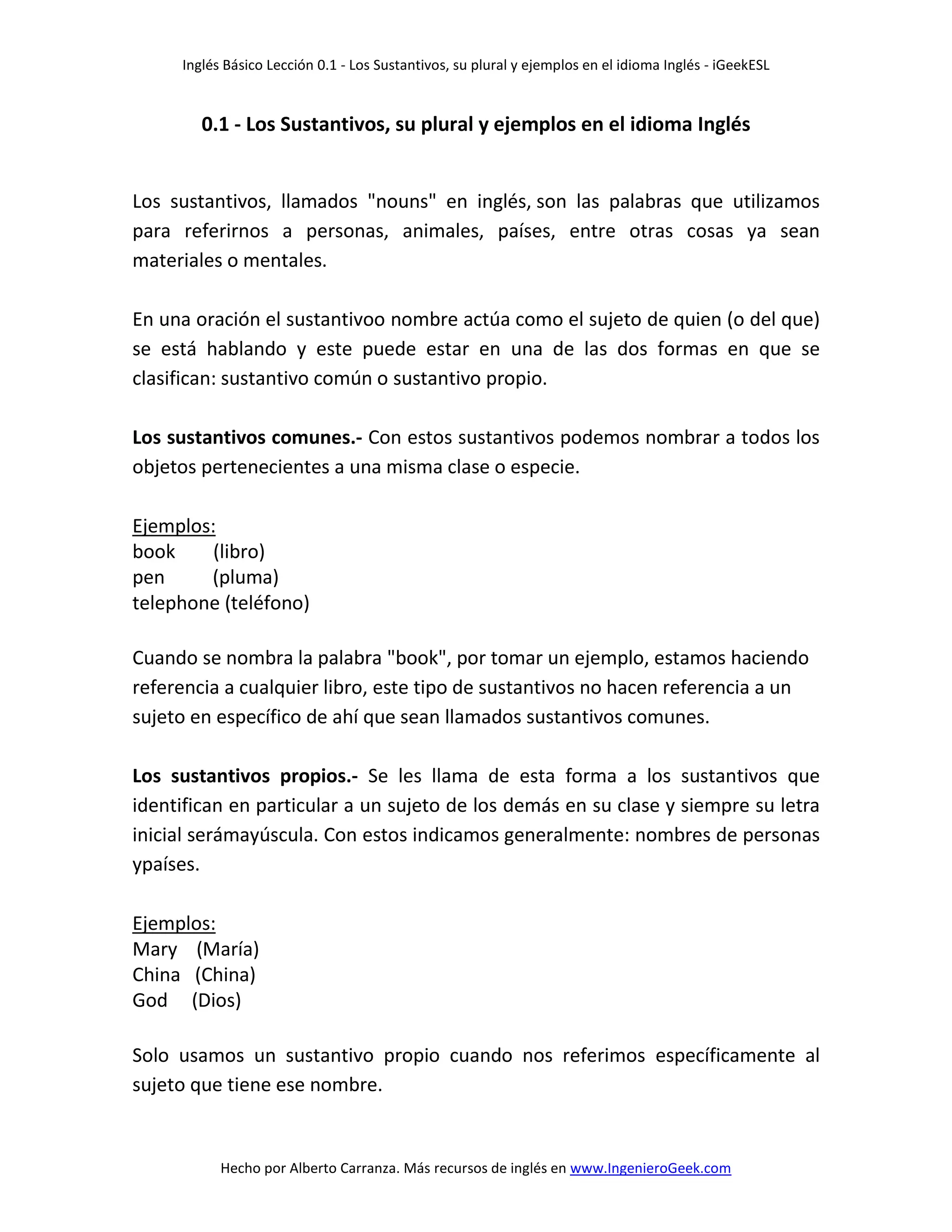 0.1 Los sustantivos, su plural y ejemplos en el idioma ingles | DOCX