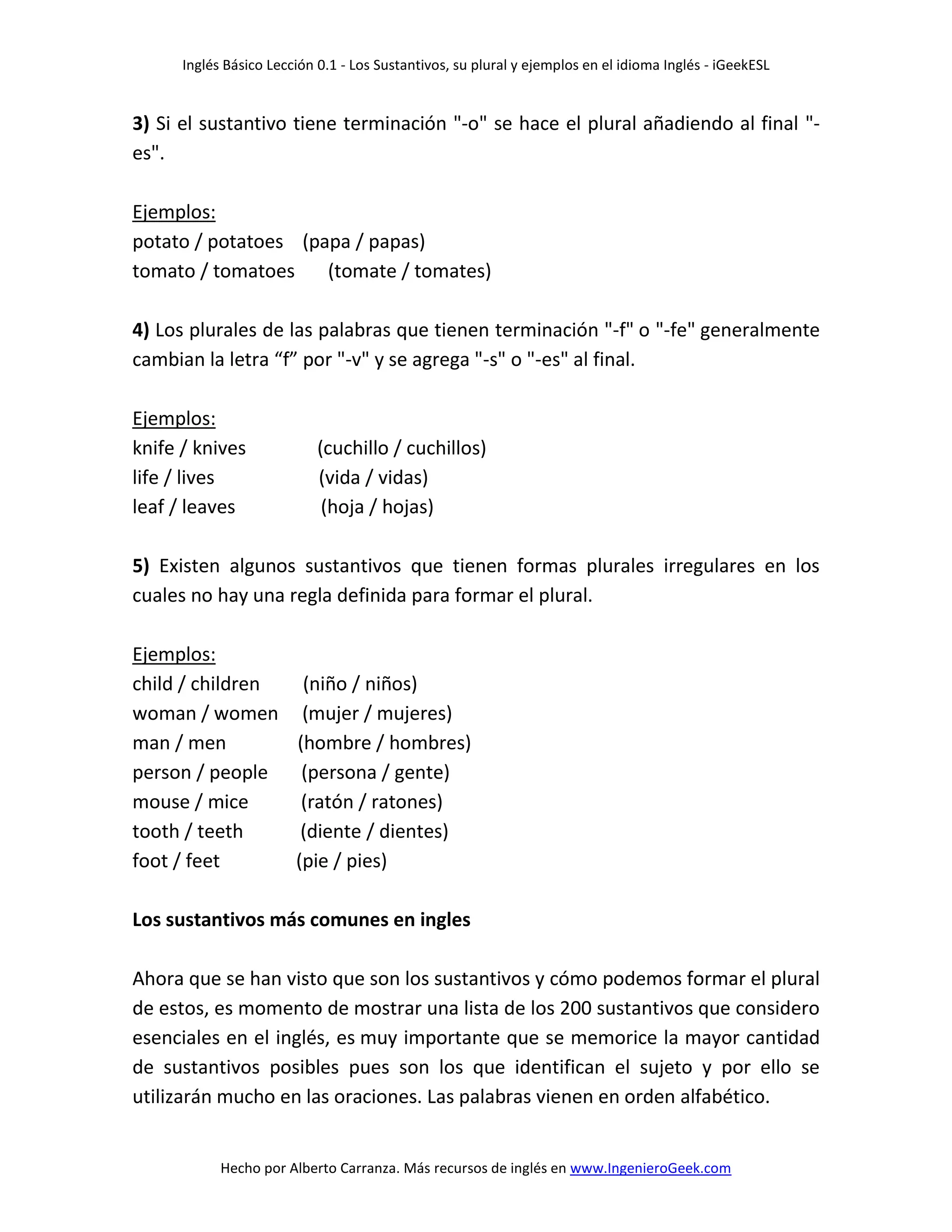 0.1 Los sustantivos, su plural y ejemplos en el idioma ingles | DOCX