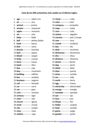 0.1 Los sustantivos, su plural y ejemplos en el idioma ingles | DOCX