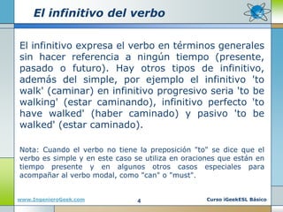 0.4 Verbos en ingles, uso del infinitivo y ejemplos comunes | PPTX