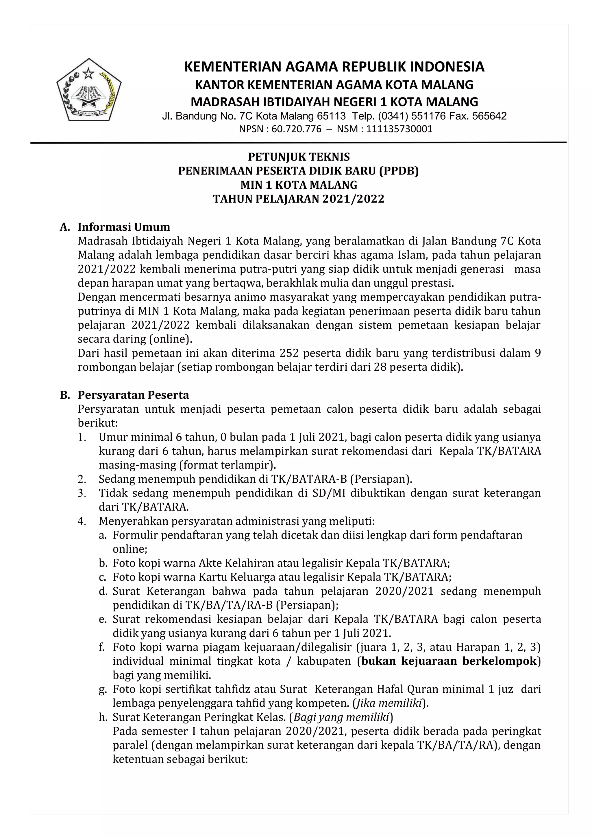 Juknis ppdb 2021 min 1 kota malang | PDF