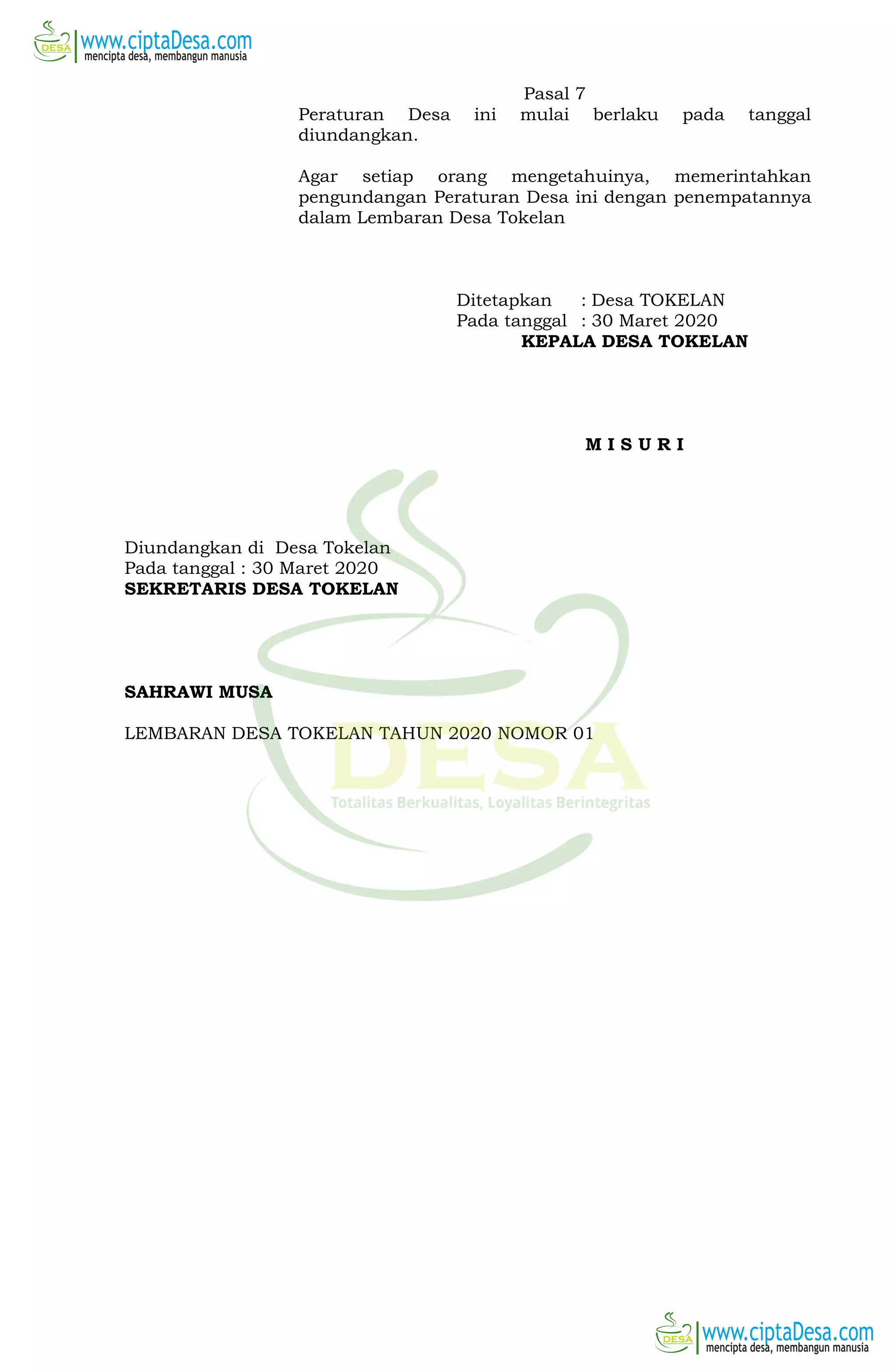 00. dokumen rpjm desa tokelan | PDF