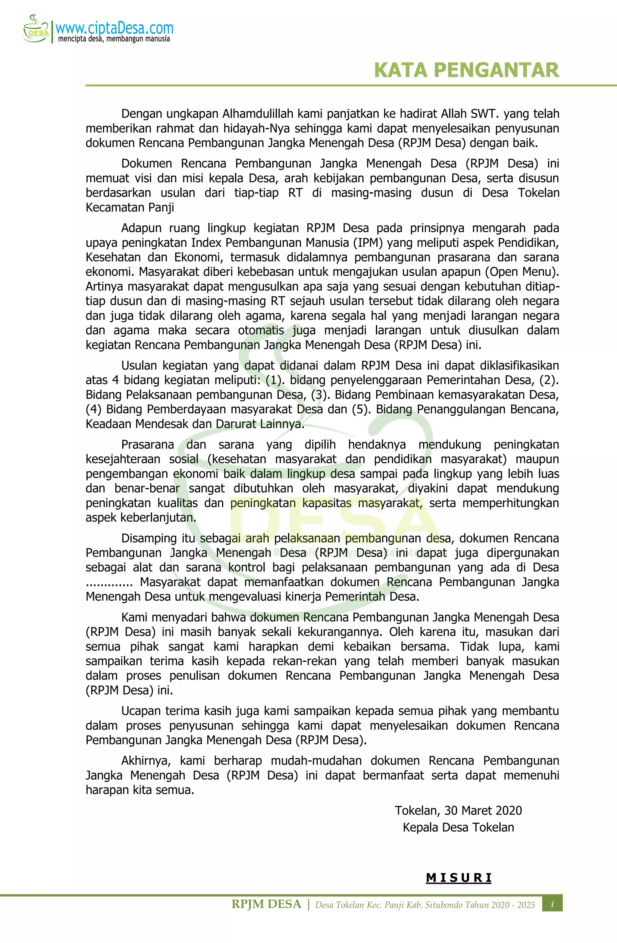 00. dokumen rpjm desa tokelan | PDF