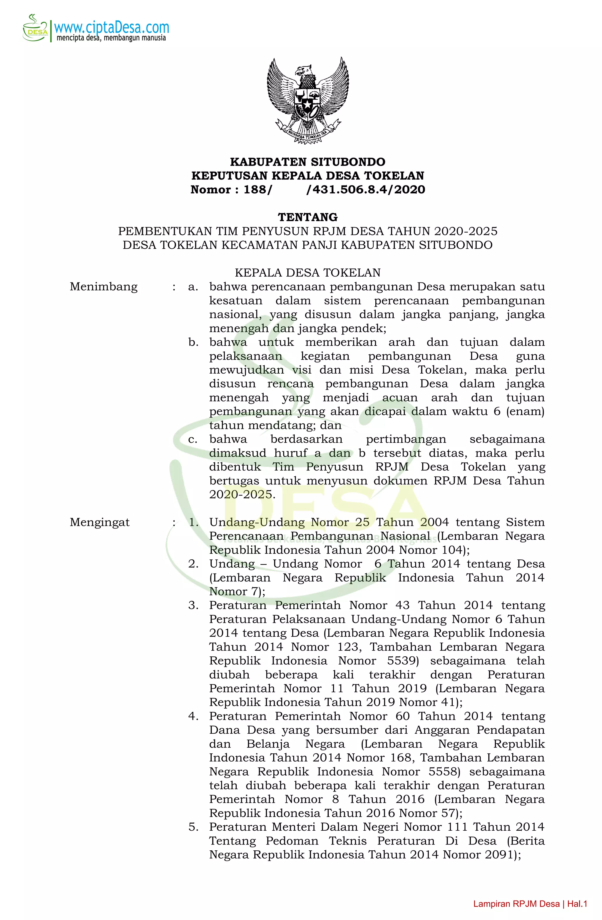 00. dokumen rpjm desa tokelan | PDF