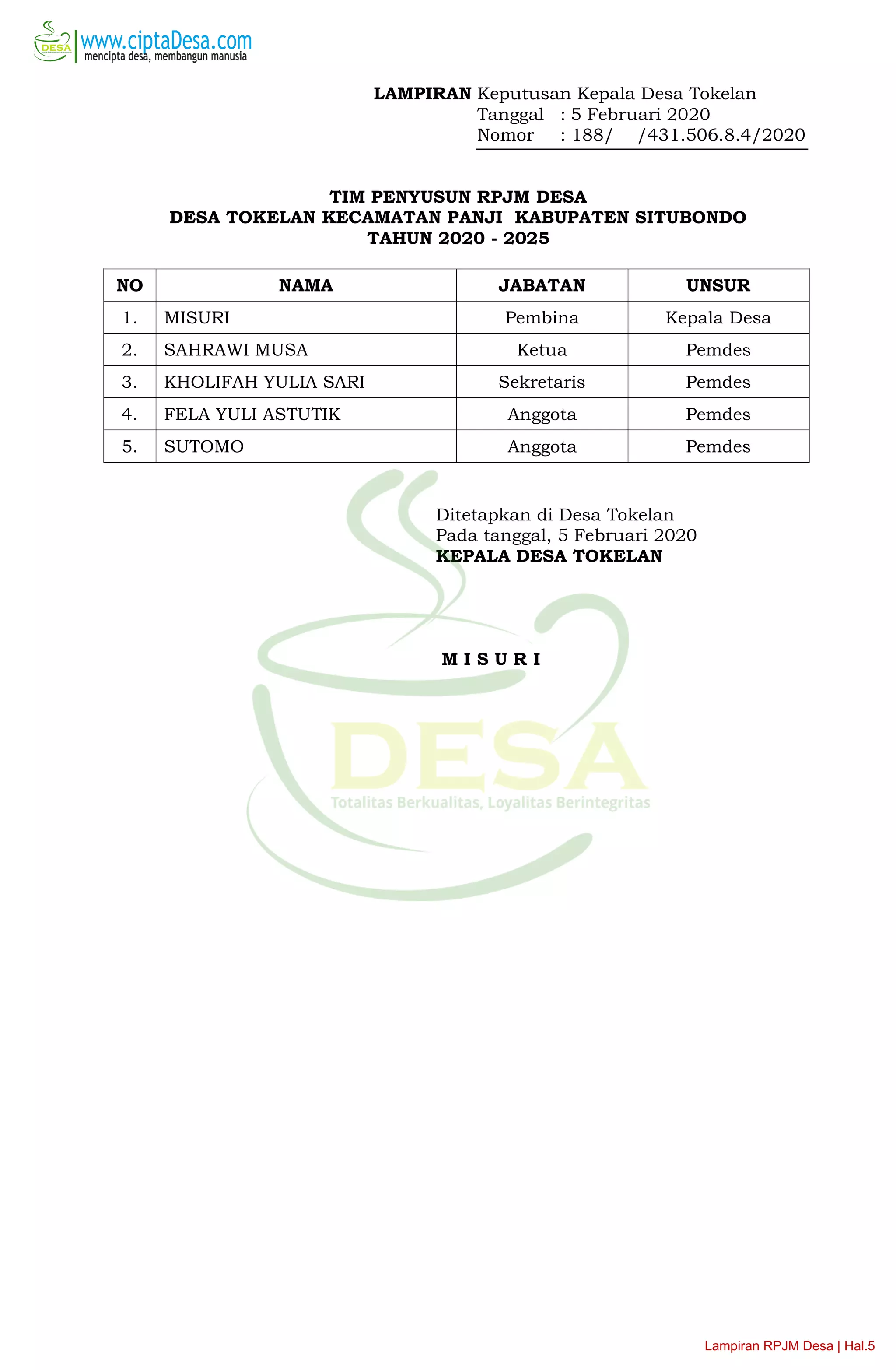00. dokumen rpjm desa tokelan | PDF