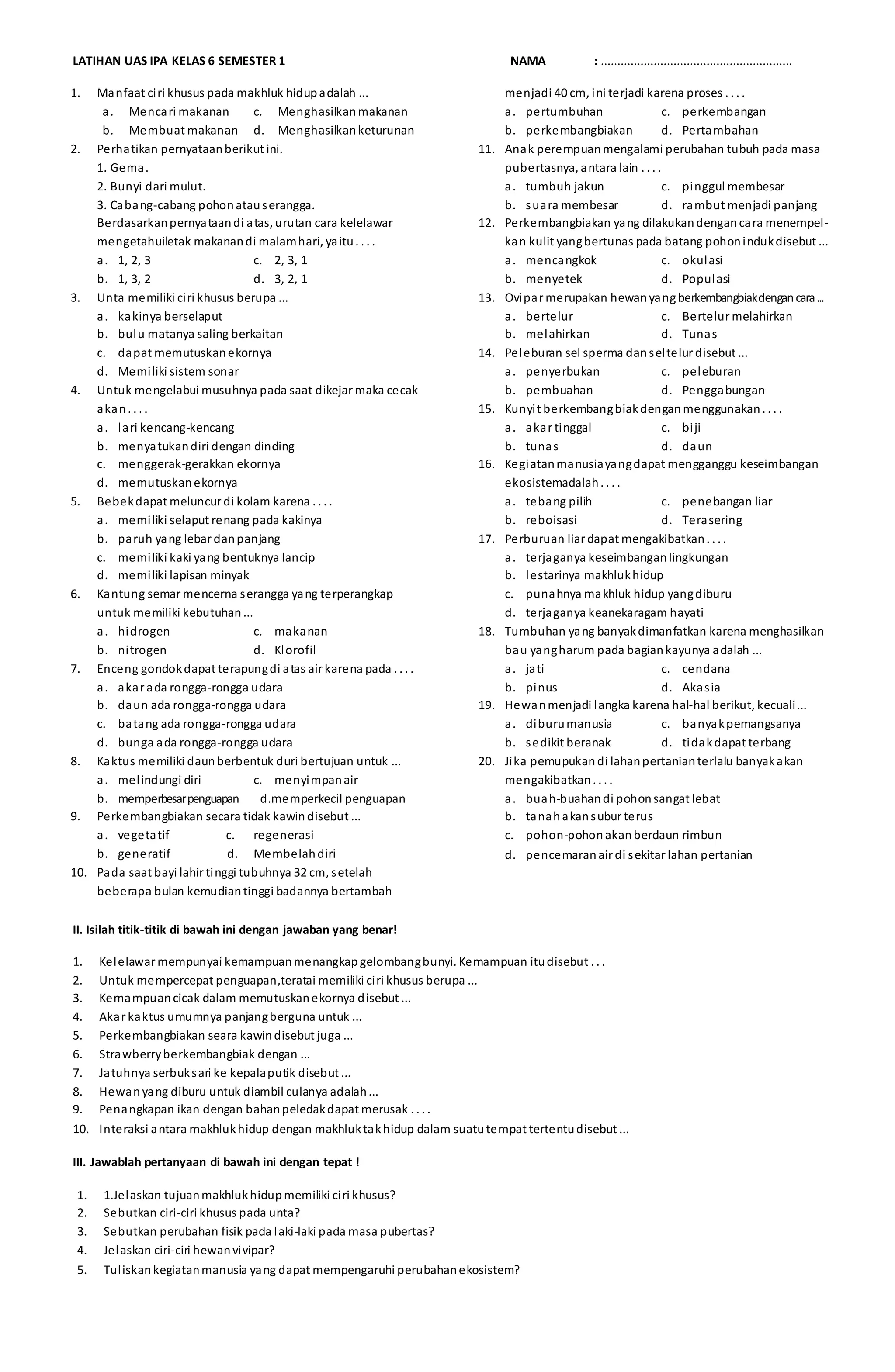 00 latihan uas gasal ipa kelas 6 | PDF