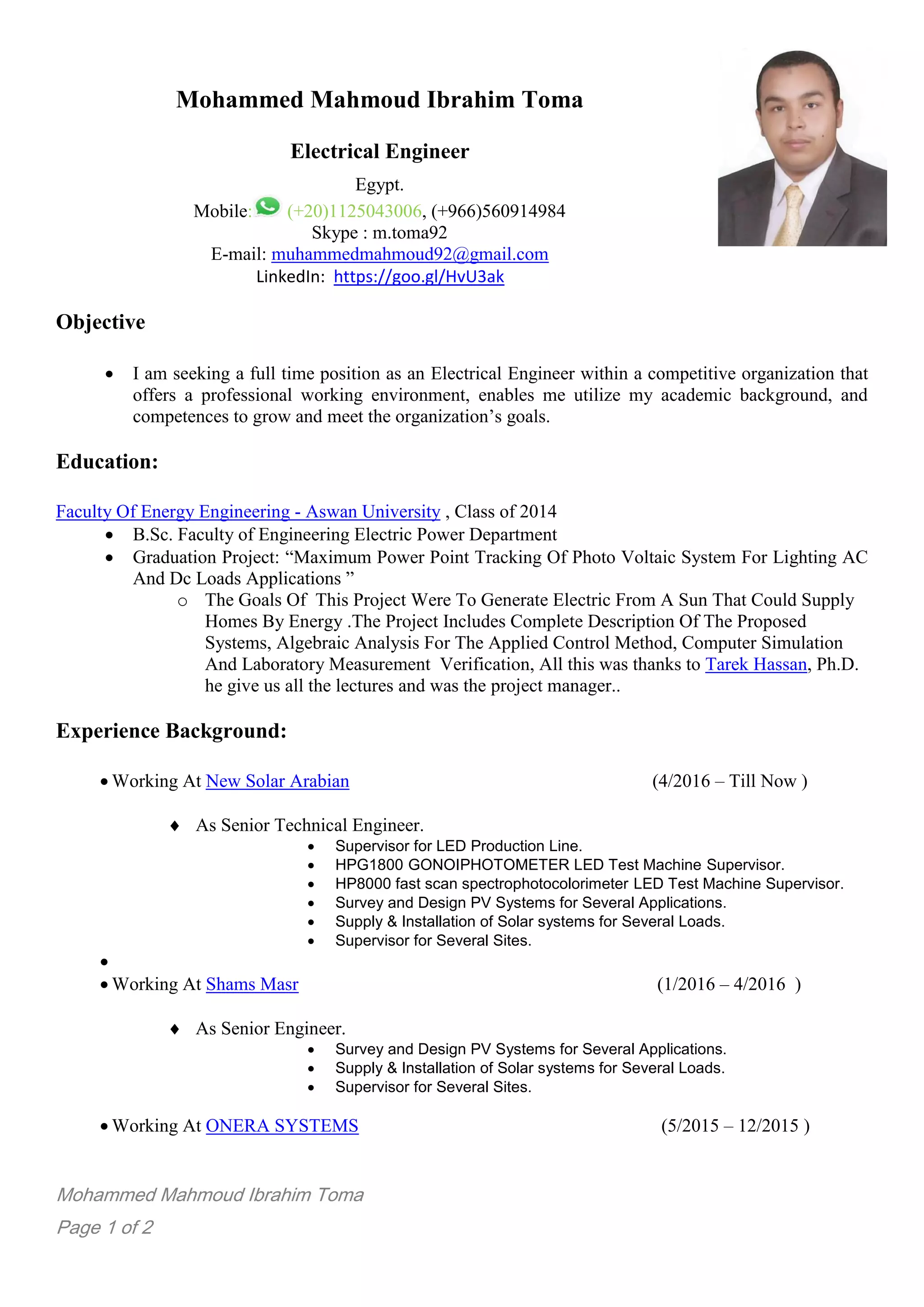 Mohammed Mahmoud Ibrahim Sadek electrical Solar engineer | PDF