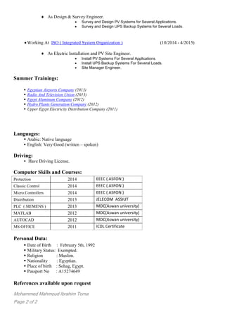 Mohammed Mahmoud Ibrahim Sadek electrical Solar engineer | PDF