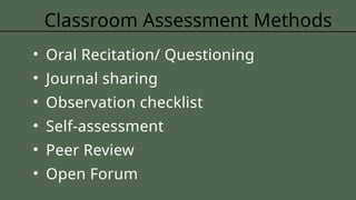 Different methods of assessment, the various types of learning targets ...