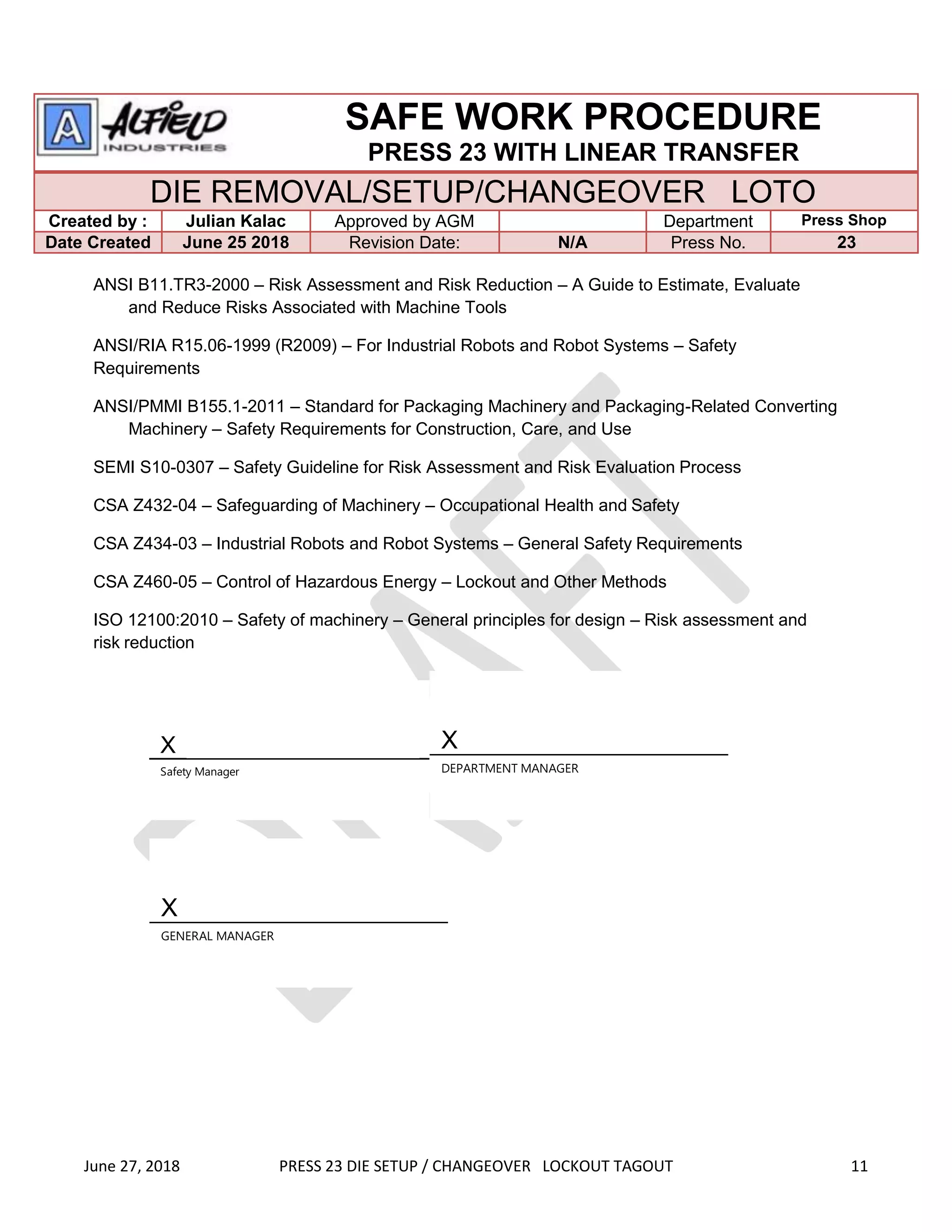 1000 TON TRANSFER PRESS SAFE WORK PROCEDURE ;DIE SETUP/CHANGEOVER | PDF